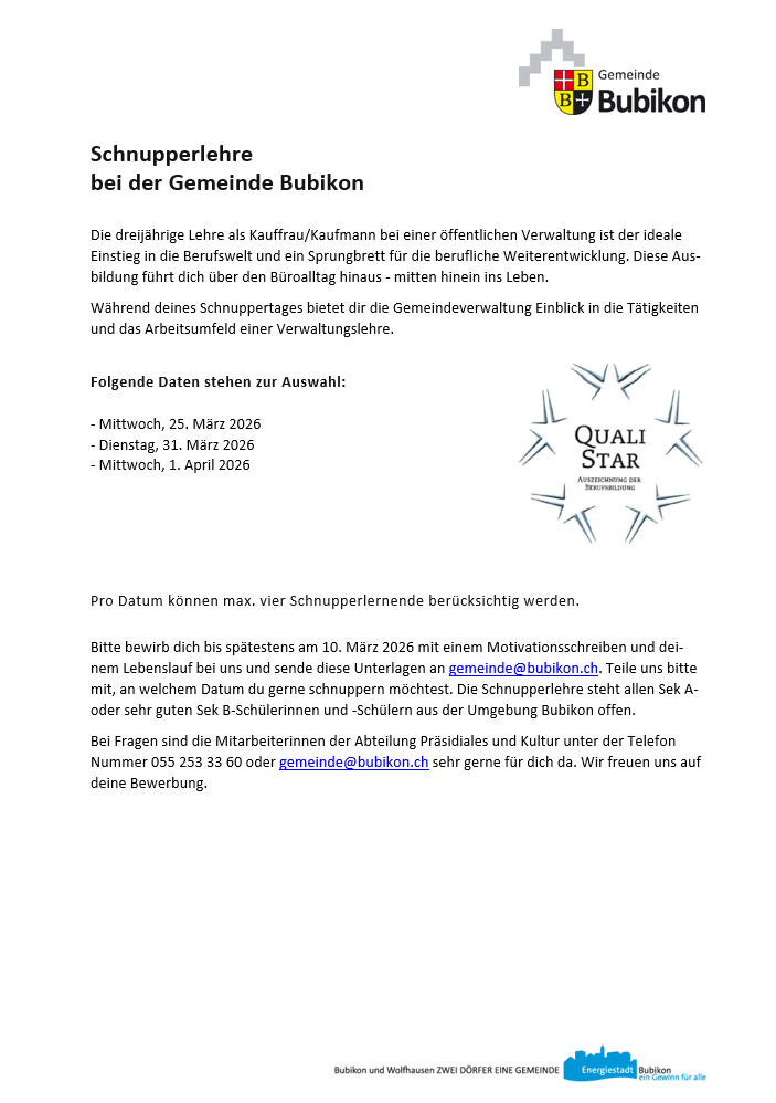 Gemeinde Bubikon - Schnupperlehre bei der Gemeinde Bubikon - Daten 2026